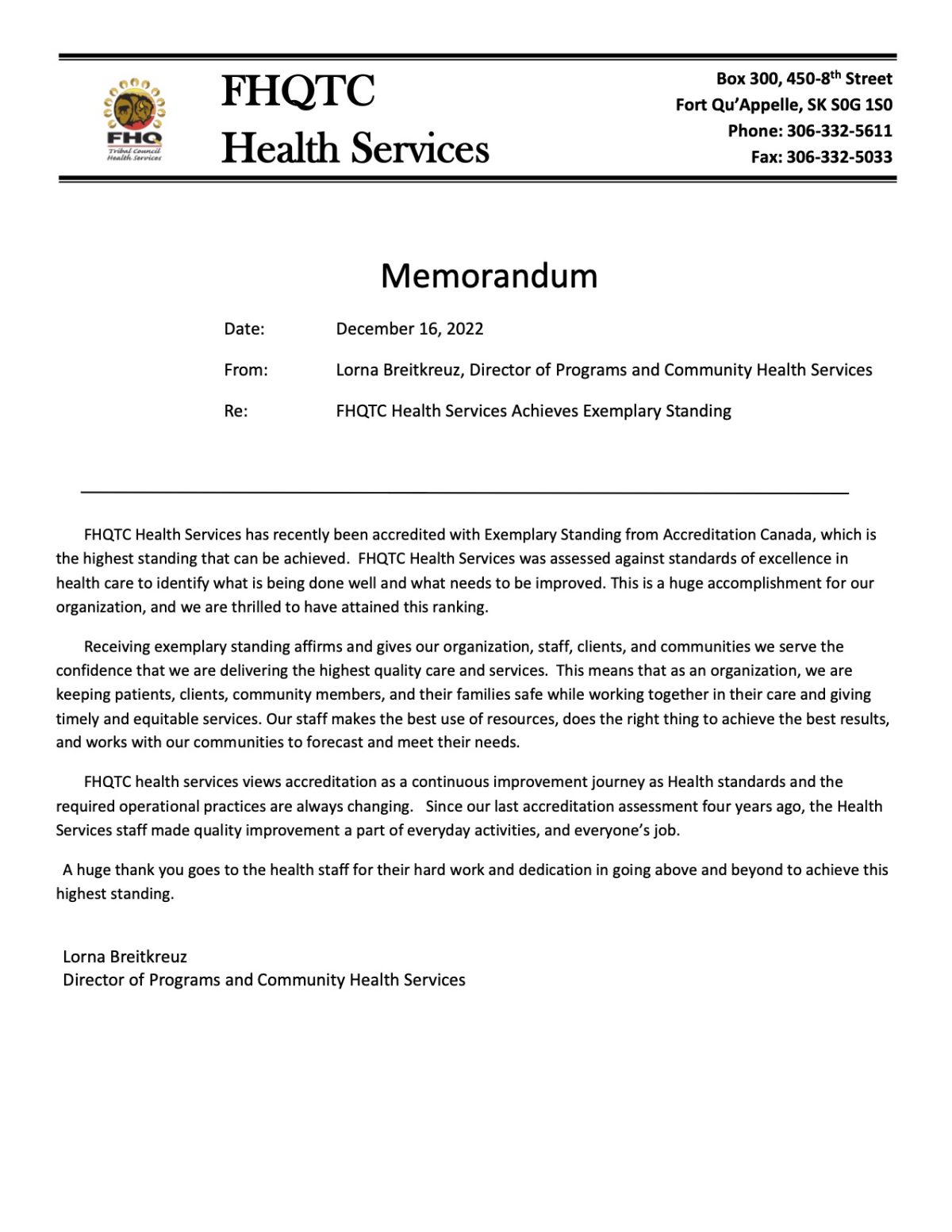 MEMO: FHQTC Health Services Achieves Exemplary Standing – ANHH