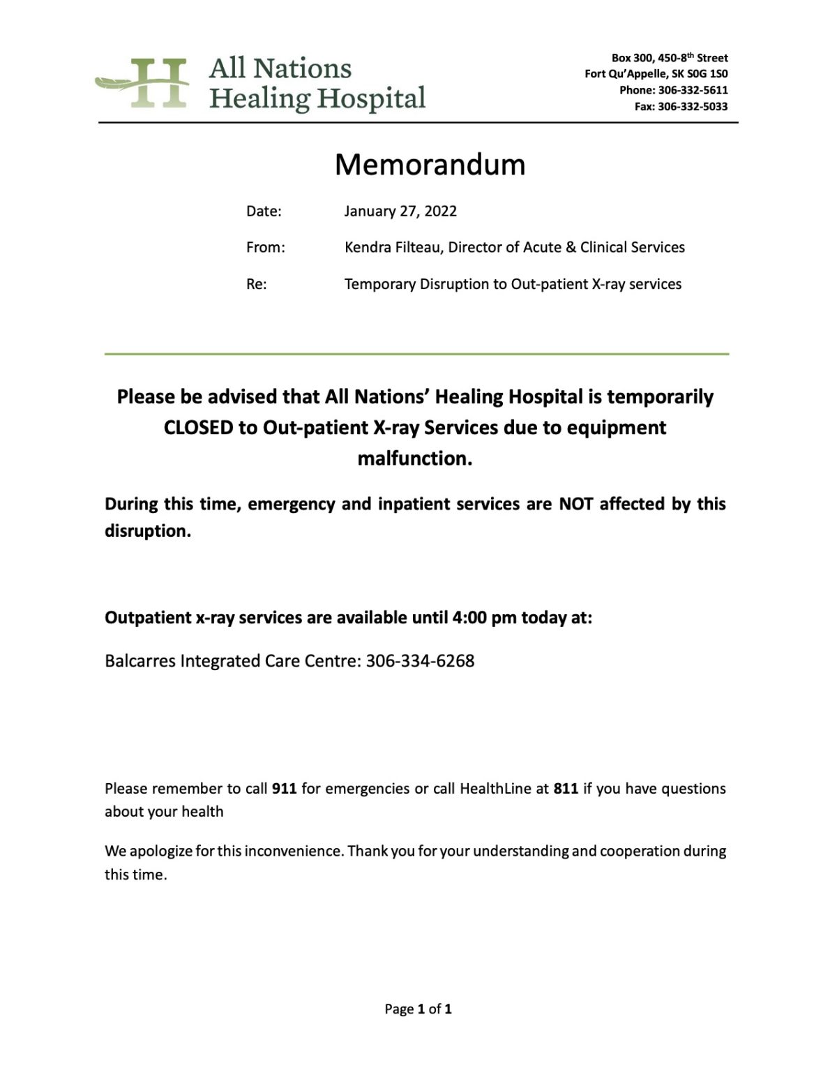 MEMO: Temporary Disruption to Out-patient X-ray services – ANHH